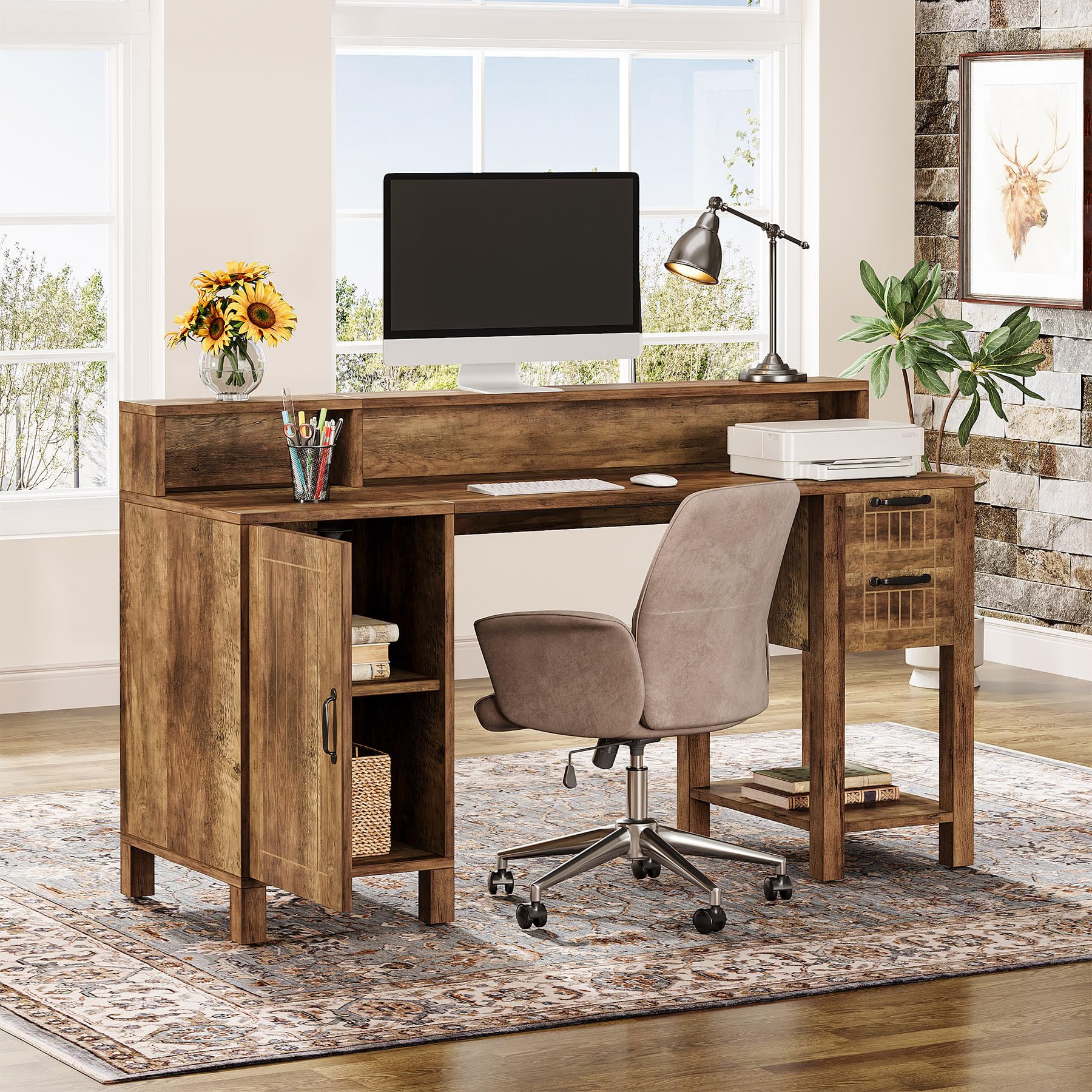 Tribesigns 55" Wood Executive Desk, Farmhouse Computer Desk with Drawers and Cabinet, Rustic Office Desk with Hutch and Storage Shelves, Large Study Writing Table for Home Office, Brown