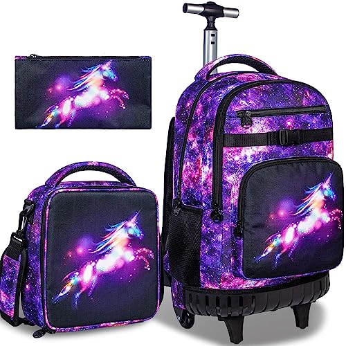 UFNDC 3PCS Rolling Backpack for Women, Adults Unicorn Backpacks with Wheels for Girls,Travel Roller Wheeled Bookbag