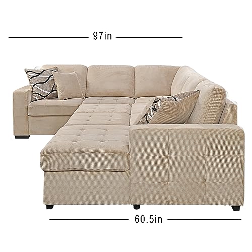 THSUPER Sectional Sleeper Sofa with Pull Out Bed and Storage Chaise, U Shape Sectional Sofa Bed, Oversized Sectional Sleeper Couch for Living Room Beige