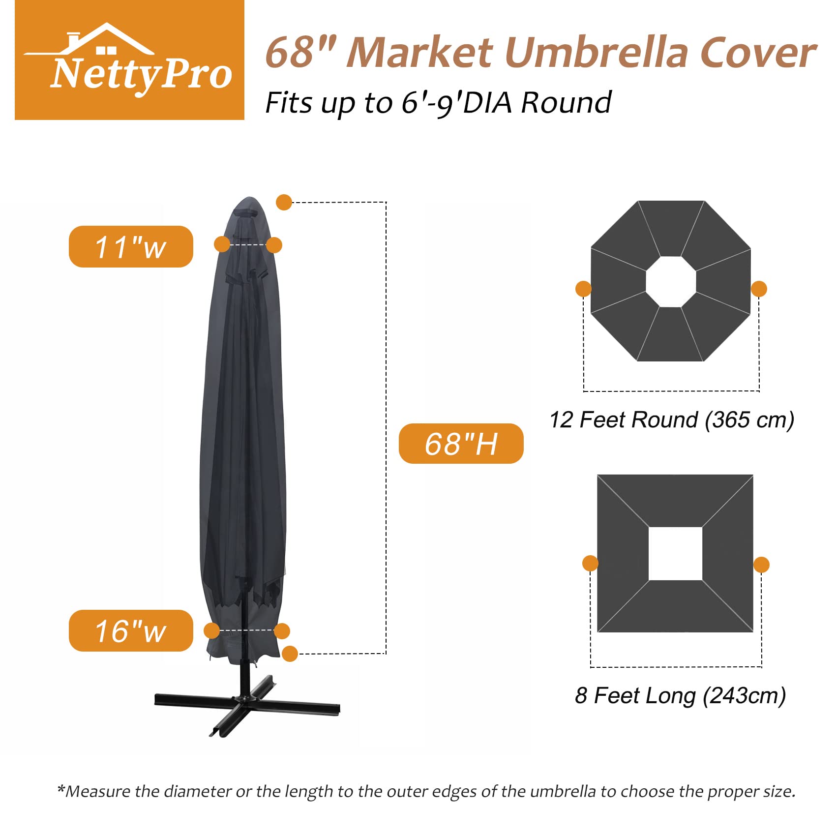 NettyPro Umbrella Cover for 6ft to 9ft Patio Umbrellas, Waterproof and Durable Market Umbrella Parasol Cover with Zipper and Rod, Black