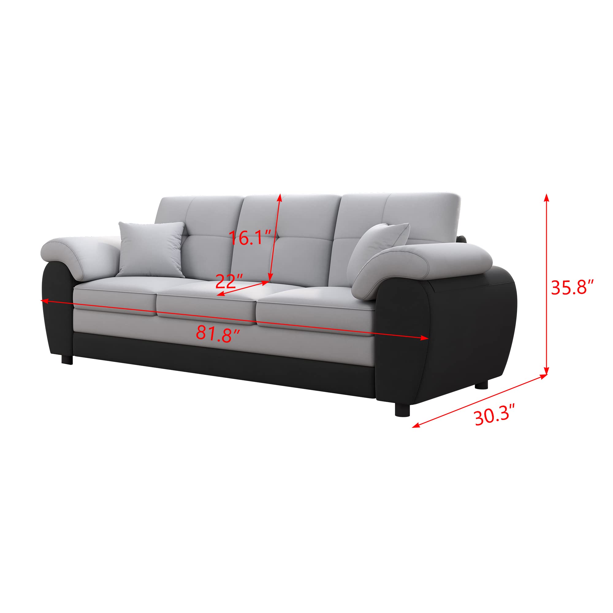 PHOYAL 3 Seater Sofa, 81.8β Modern Futon Sofa Bed Mid-Century Sofa with Two Pillows Velvet Upholstered Sofa, PU Armrest and Base for Living Room, Bedroom, Apartment, Grey