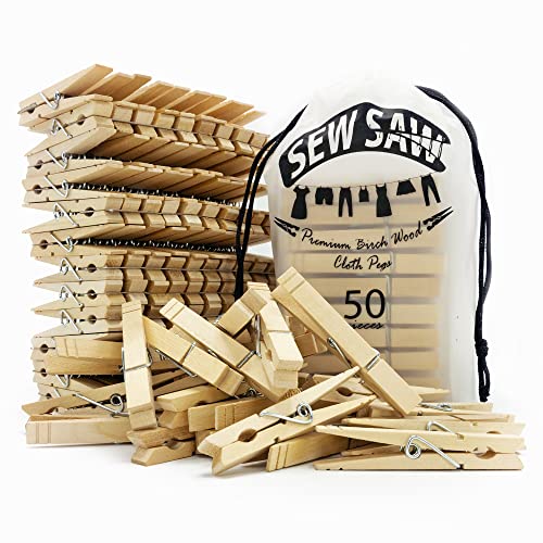 Wooden Clothespins for Crafts with Reusable Storage Bag – 50 Pack Natural Clothes Pins Heavy Duty Outdoor and Indoor Use, Moisture Resistant Laundry Clips with Strong Grip