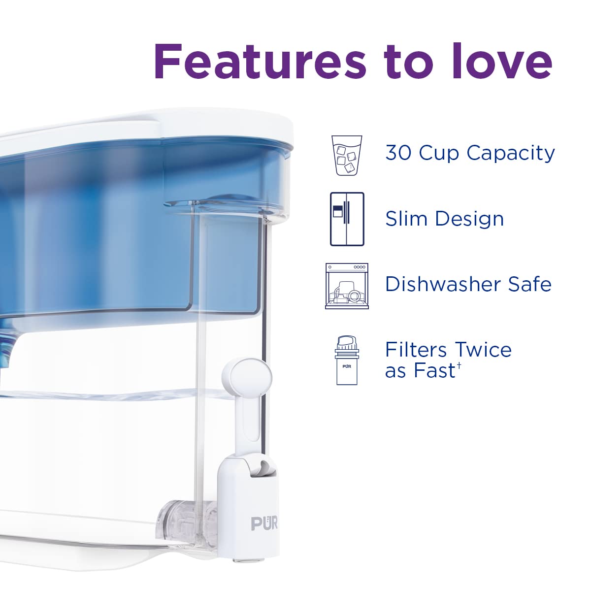 PUR 30-Cup Water Filter Dispenser with 1 Genuine PUR Filter, Large 30-Cup Capacity, 2-in-1 Powerful Filtration, BPA Free, Dishwasher Safe, White/Blue (DS1800Z)