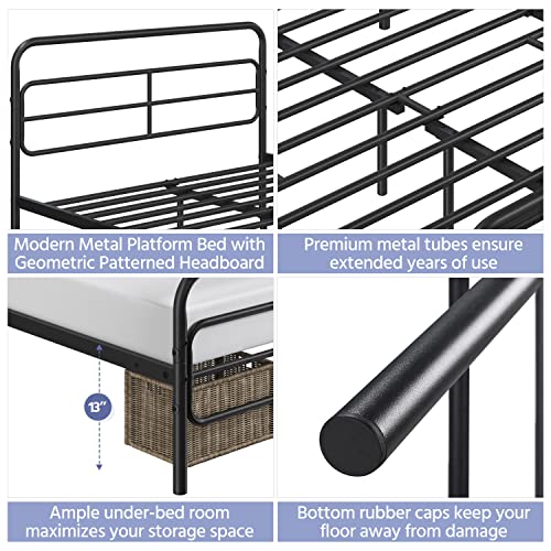 Topeakmart Full Bed Frames Metal Platform Bed with Modern Geometric Patterned Headboard, Easy Assemble, 13 Inch Underbed Storage, No Box Spring Needed, Black