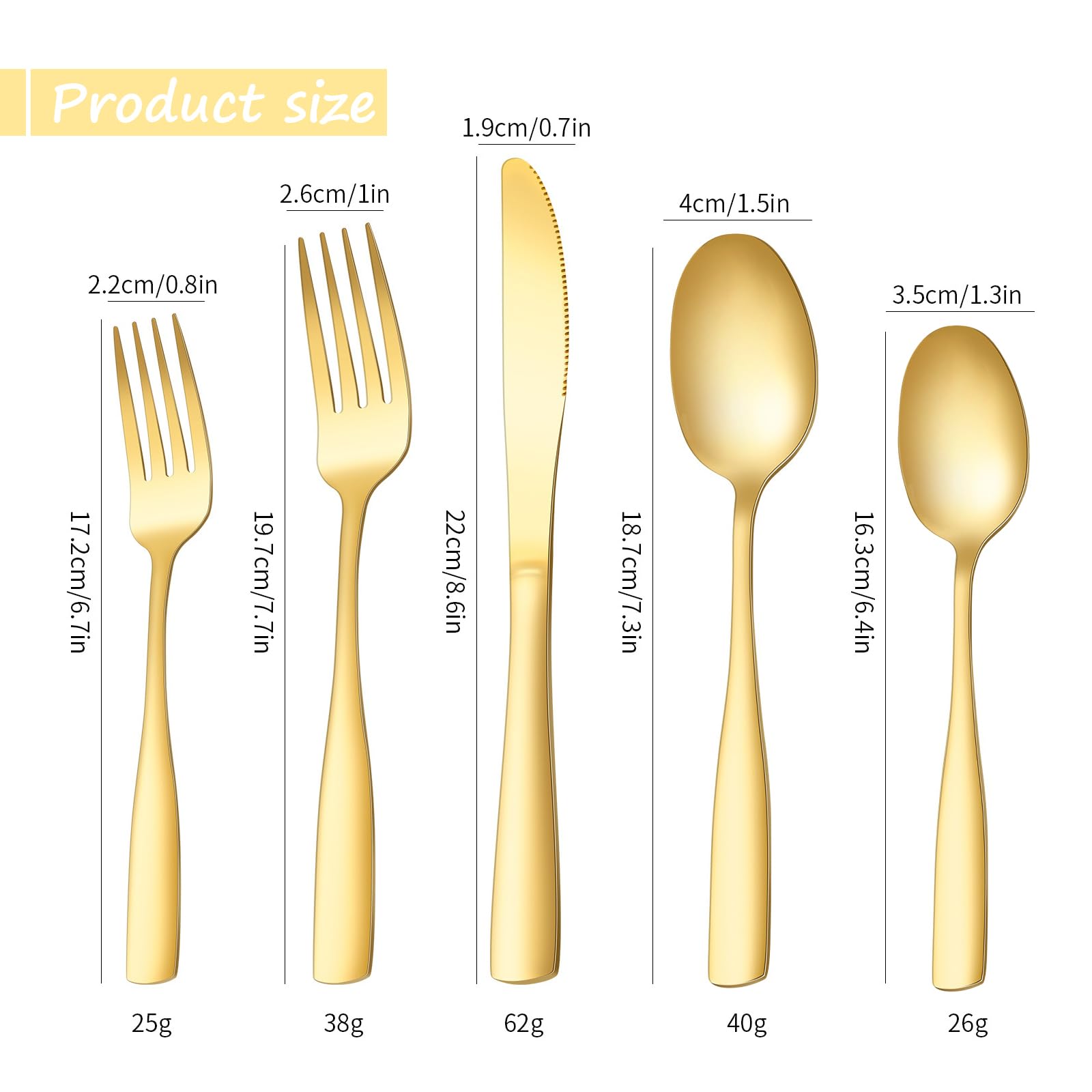 shudyear 5 piece silver cutlery set, stainless steel cutlery set for home kitchen restaurant hotel, kitchen utensils set, mirror polished, dishwasher safe (1, gold)