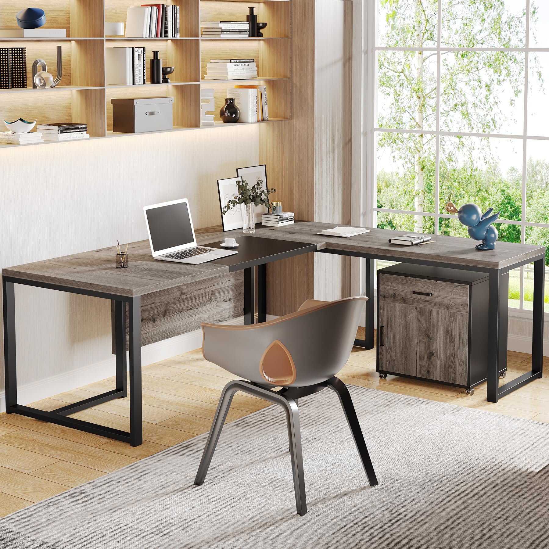 Tribesigns 70.8" L-Shaped Executive Desk with Drawer Cabinet, Large Executive Office Desk with Separate File Cabinet, Home Office Desk Workstation Business Furniture Set, Retro Gray