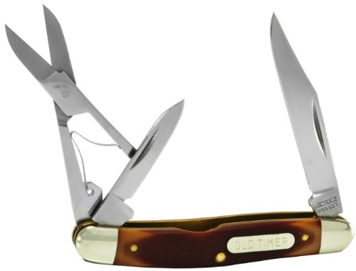 Old Timer 106OT Grandad’s 4.8in Traditional Folding Pocket Knife with 2 High Carbon SS Blades, Scissors, Ergonomic Sawcut Handle, and Convenient Size for EDC, Hunting, Camping, Whittling, and Outdoors,Brown