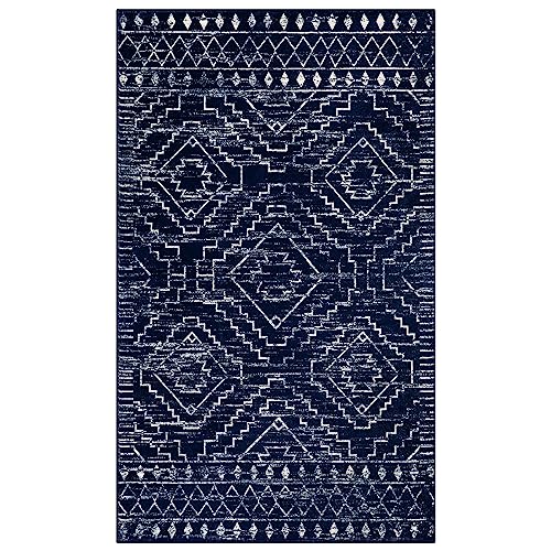 Wonnitar Moroccan Washable Rug 3x5, Blue Non-Slip Entryway Area Rug, Soft Farmhouse Bedroom Throw Mat, Geometric Low Pile Scandinavian Accent Carpet for Entry Kitchen Basement (Blue,3'x5')