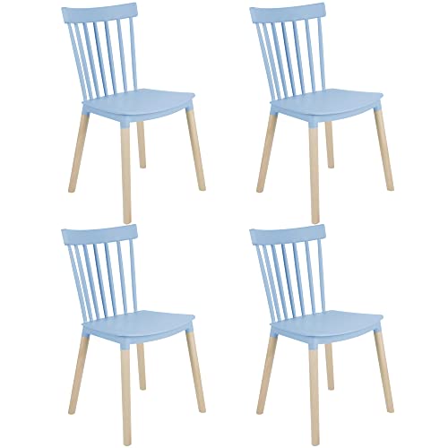 Simpol Home DSW Armless Modern Plastic Chairs with Wood Legs for Living, Bedroom, Kitchen, Dining,Lounge Waiting Room, Restaurants, Cafes, Set of 4, Blue Light
