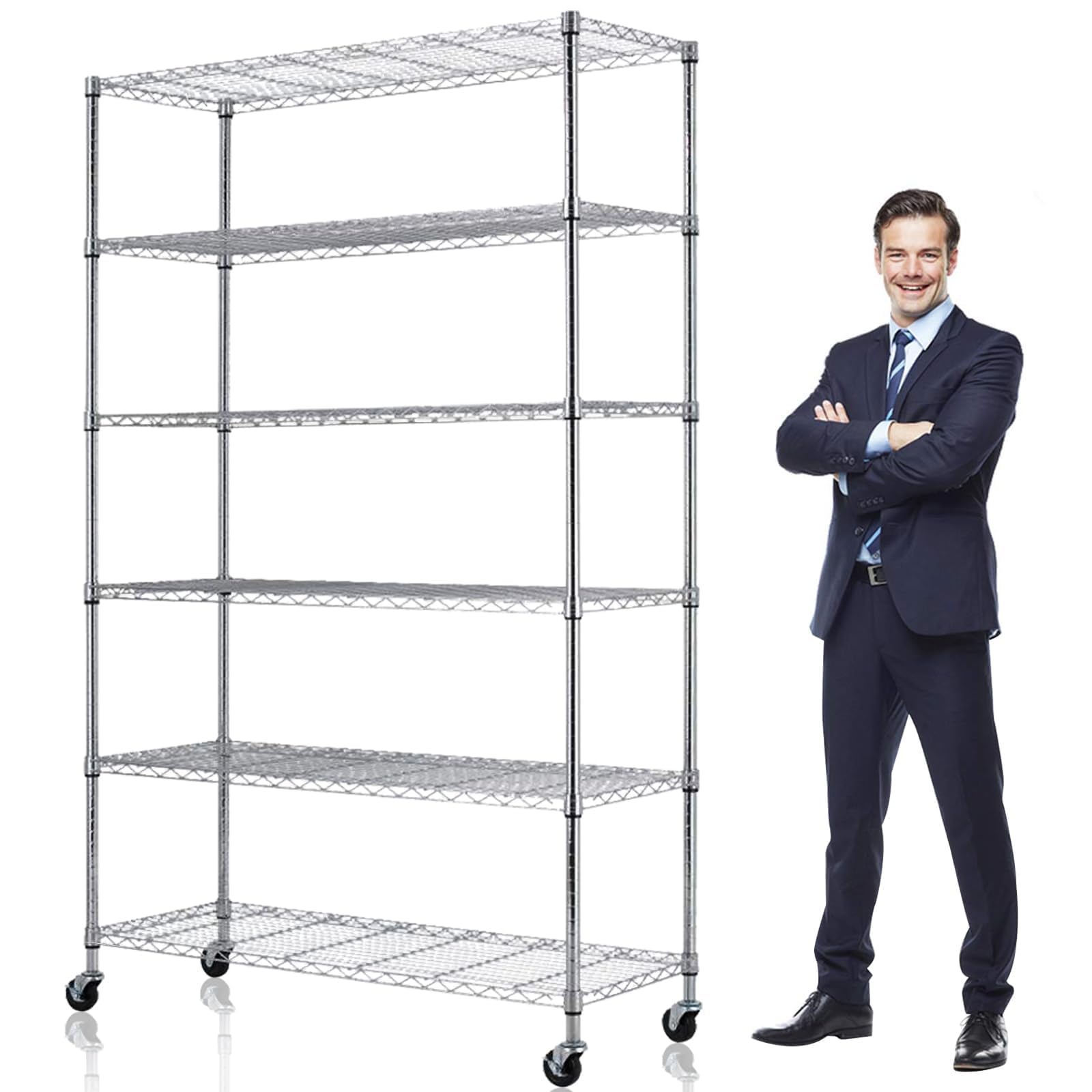 YRLLENSDAN 6-Tier Steel Storage 2100Lbs Capacity Wire Shelving W/Wheels Heavy Duty Metal Shelves Adjustable Steel Shelving Shelving Rack for Kitchens garages,18"x48"x82", Chrome