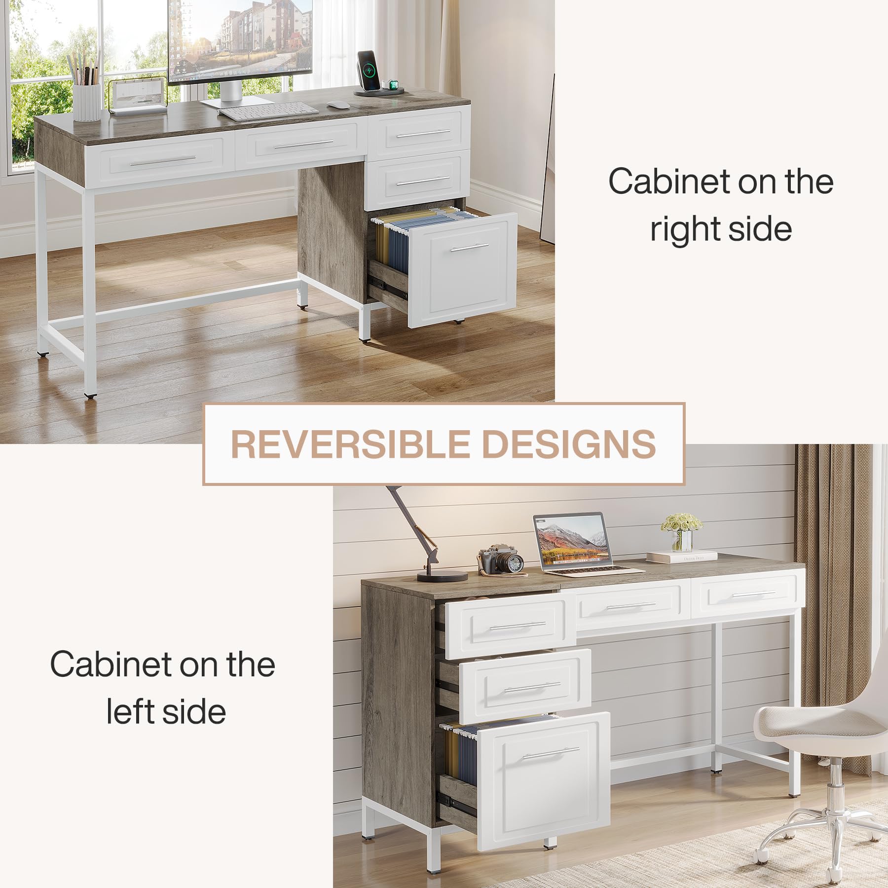 Tribesigns Computer Desk with 5 Drawers, 55-Inch Reversible Home Office Desk with File Drawer Cabinet, Modern PC Desk with Storage, Study Writing Table Workstation for Small Spaces, White and Gray