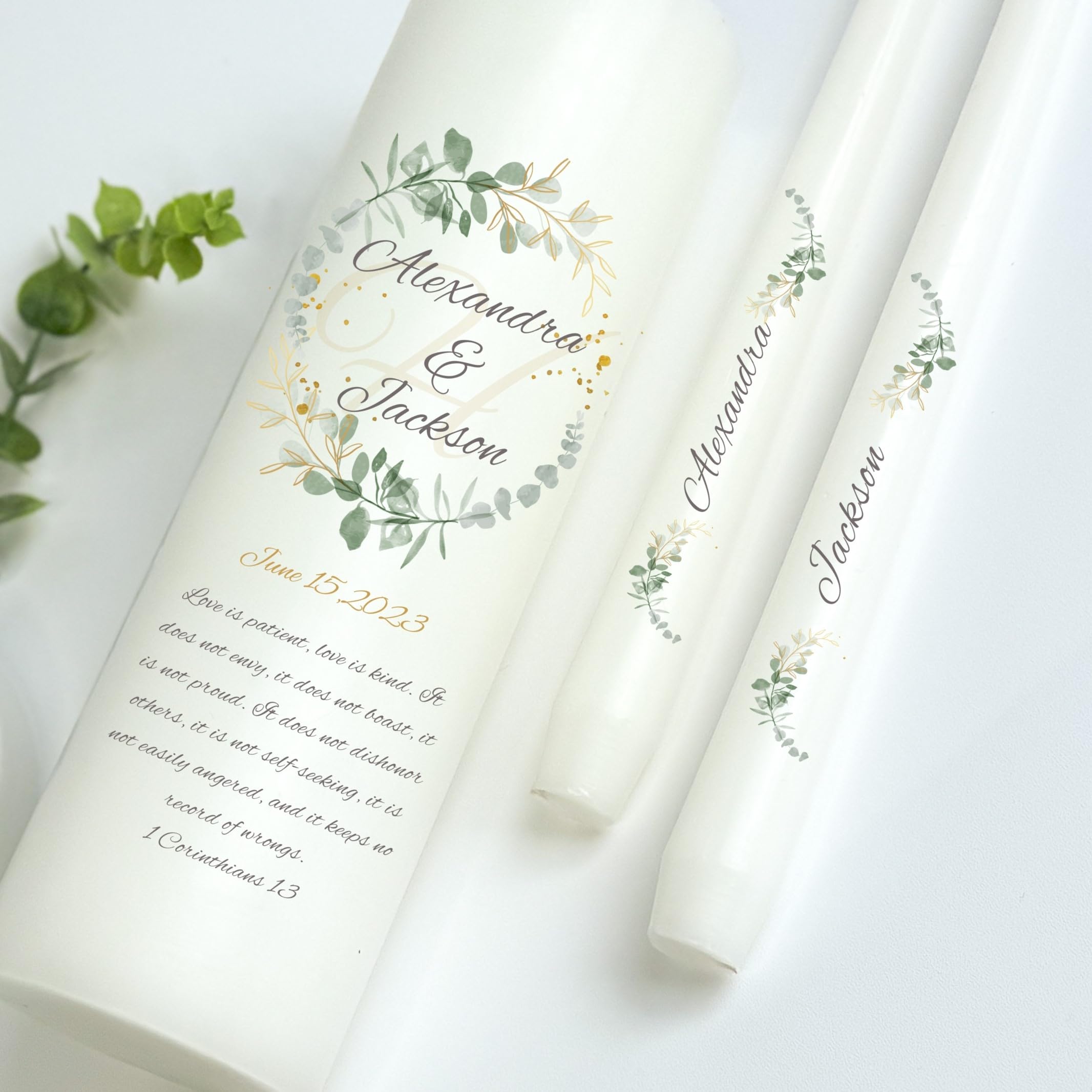 Unity Candles for Wedding, Unity Set, Custom and Personalized Pillar and Taper Candles with Bible Quote, Unscented White Premium Wax, Religious and Wedding Ceremony, Special Events (Zinnia)