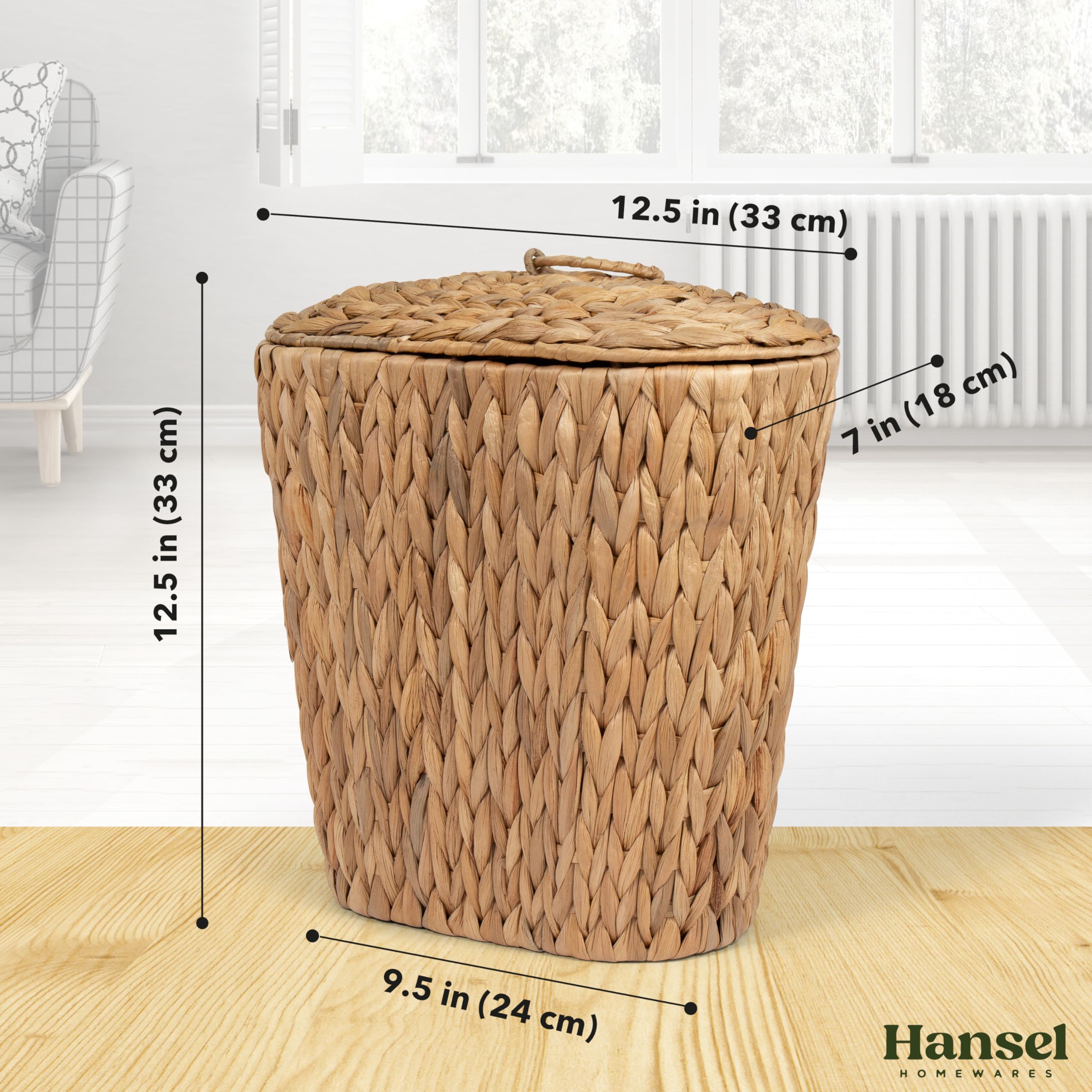 SNOWECRAFT 2-Pack Slim Wicker Basket with Lid β Small Waste Basket for Narrow Spaces | Rattan Decor - Handwoven Water Hyacinth Baskets and Covers | Covered Trash Can - Set of Two