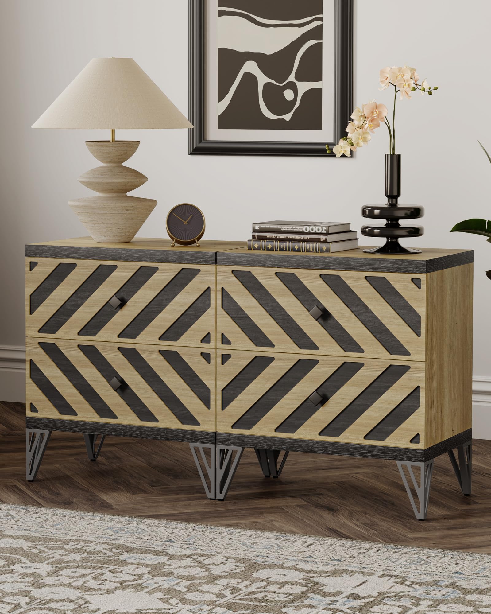 SICOTAS Large Night Stand Set of 2 - Modern Bedside Table Wide Nightstands with 2 Herringbone Decor Drawers, Sturdy Metal Legs, Wood Accent End Table for Bedroom