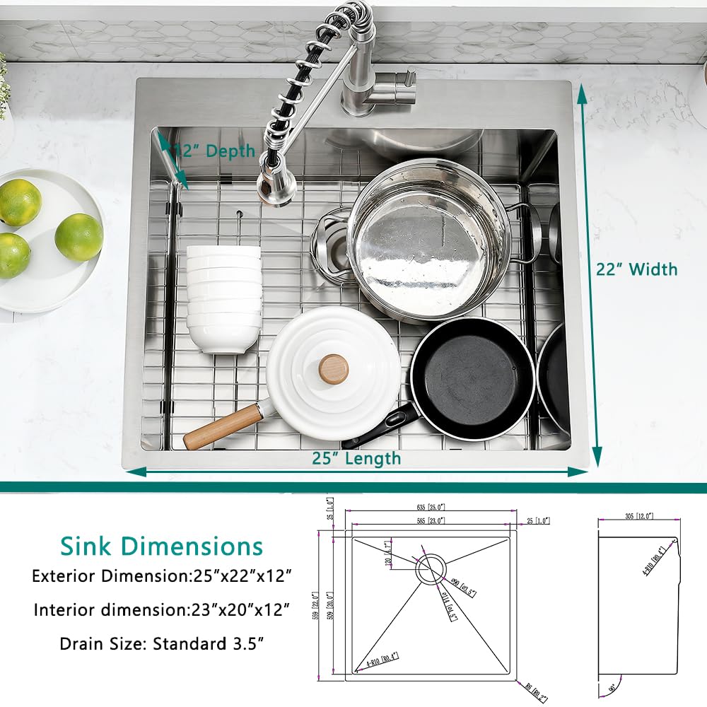 WMXQX 25 Inch Drop In Utility Sink with Faucet, 25"x22"x12" Drop In Laundry Sink Laundry Utility Sink 16 Gauge Stainless Steel Utility Sink 12" Deep Single Bowl Laundry Room Sink