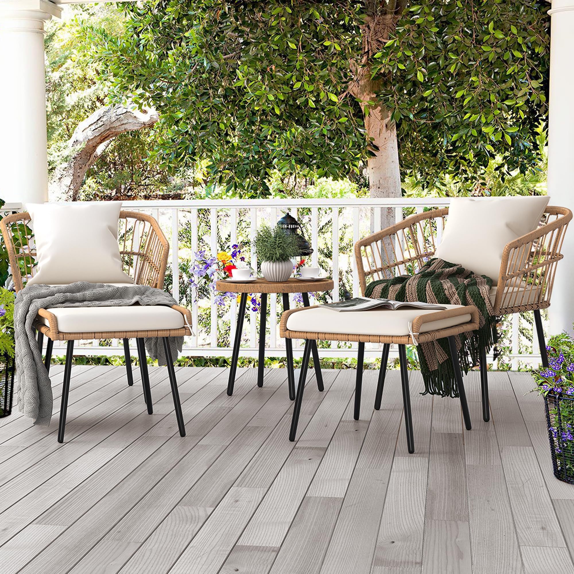 YITAHOME 2-Piece Outdoor Wicker Ottoman, All-Weather Patio Rattan Foot Rest with Cushions - Black