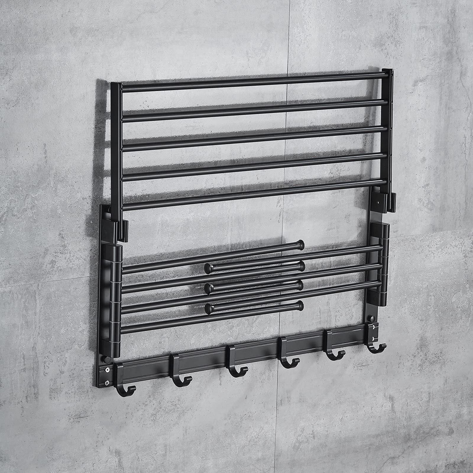 Towel Rack with 7 Towel Bar Holder Foldable Towel Shelf with Movable Hooks Wall Mounted Lavatory Towel Organizer Space Saving Towel Holder Black