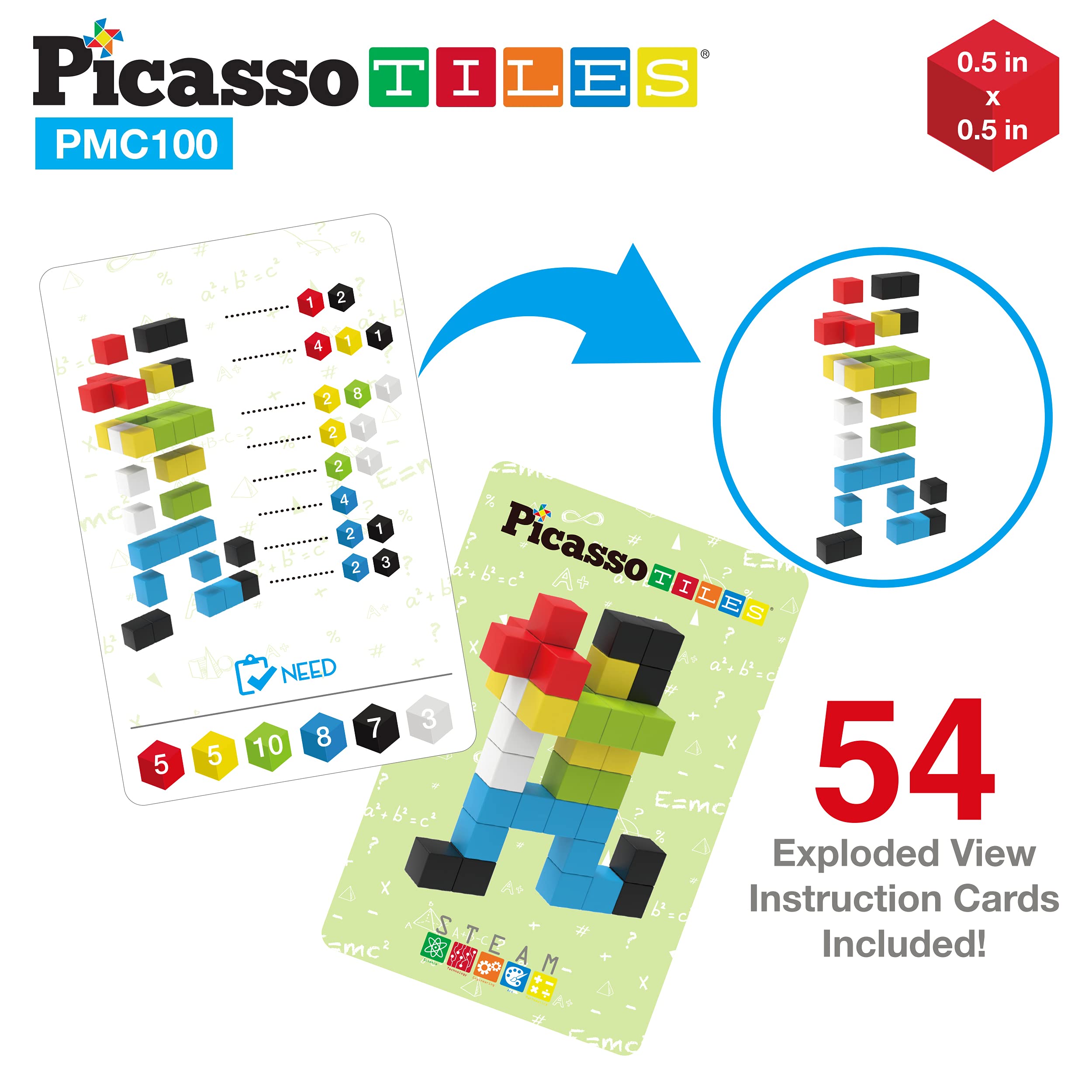PicassoTiles Magnetic Puzzle Cube Characters + Mini + Black and White, 9pc with 18 Unique Characters Mix & Match Cubes Sensory Toys, 0.5” Pixel 100pcs, 1” 101pcs, Free Ideabook with 53 Ideas Age 3+