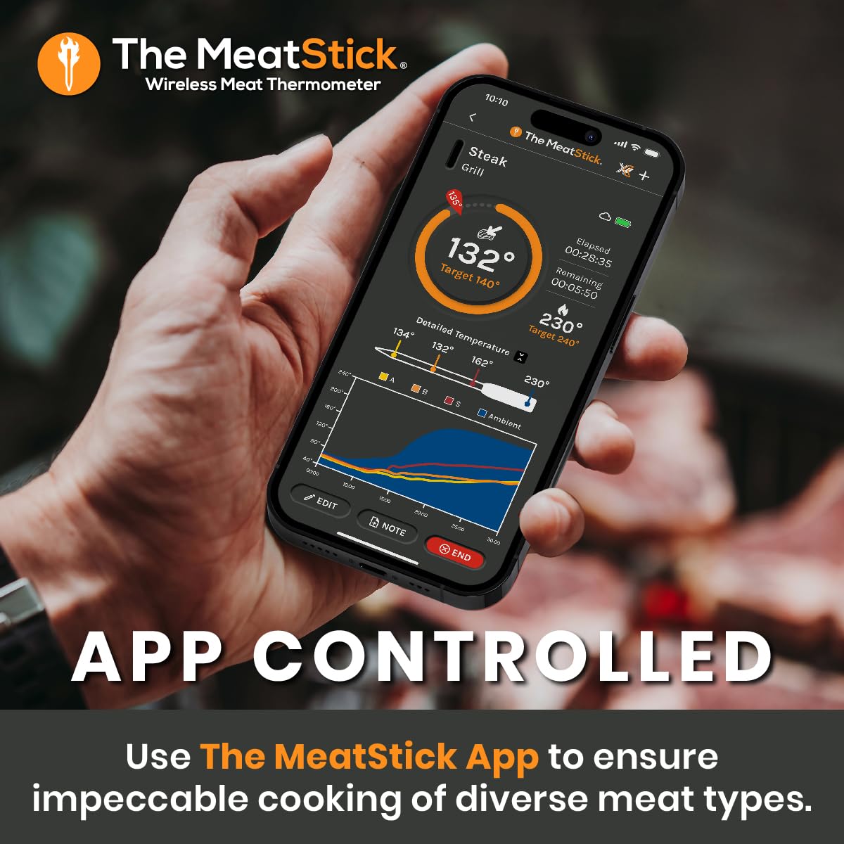 MeatStick 4 (One Probe Set) | Quad Sensors Smart Wireless Meat Thermometer | Digital Food Probe with Bluetooth | for Smoking, Grilling, BBQ, Air Fryer, Deep Frying, Oven, Rotisserie | Limited Range