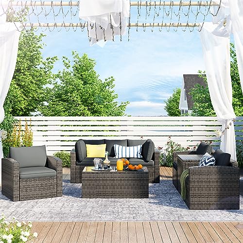 Simicase Outdoor Patio Furniture Sets, 7-Piece Patio Wicker Sofa, Cushions, Chairs, a Loveseat, a Table and a Storage Box