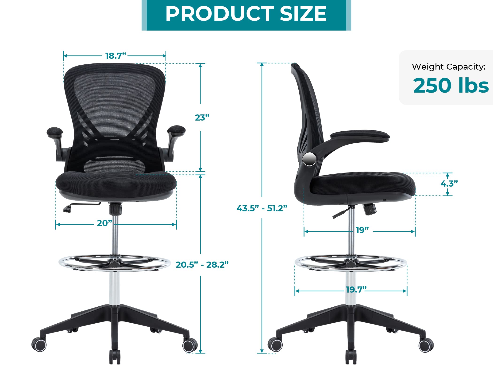 Hramk Drafting Chair, Tall Office Chair with Flip-up Arms, Mid Back Standing Desk Chair with Adjustable Foot Rest (Black)