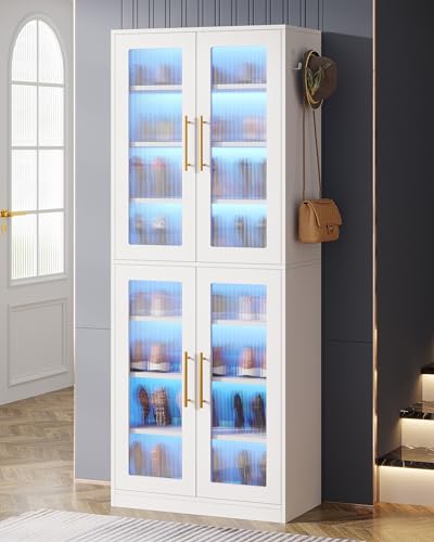 Tribesigns Tall Shoe Storage Cabinet with Acrylic Doors and LED Lights, 8-Tier Entryway Shoe Organizer Rack with Adjustable Shelves and Hanging Hooks for Narrow Closet, Hallway, Living Room, White