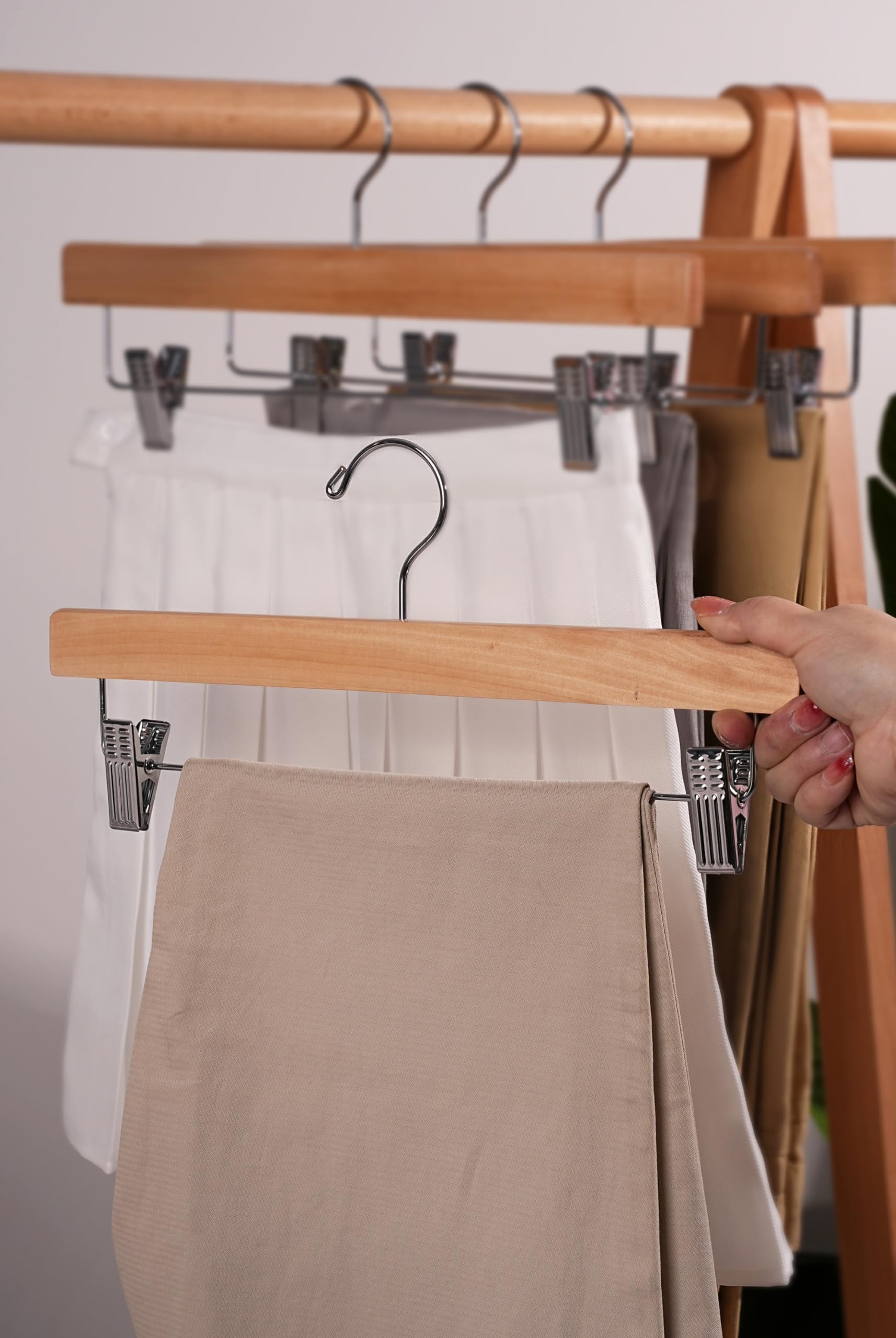 Wooden Pants Hangers, Solid Wood Bottom Jeans Skirt Hanger with 2-Adjustable Clips Anti Rust Hook Pack of 10 (Natural)-HL01NP