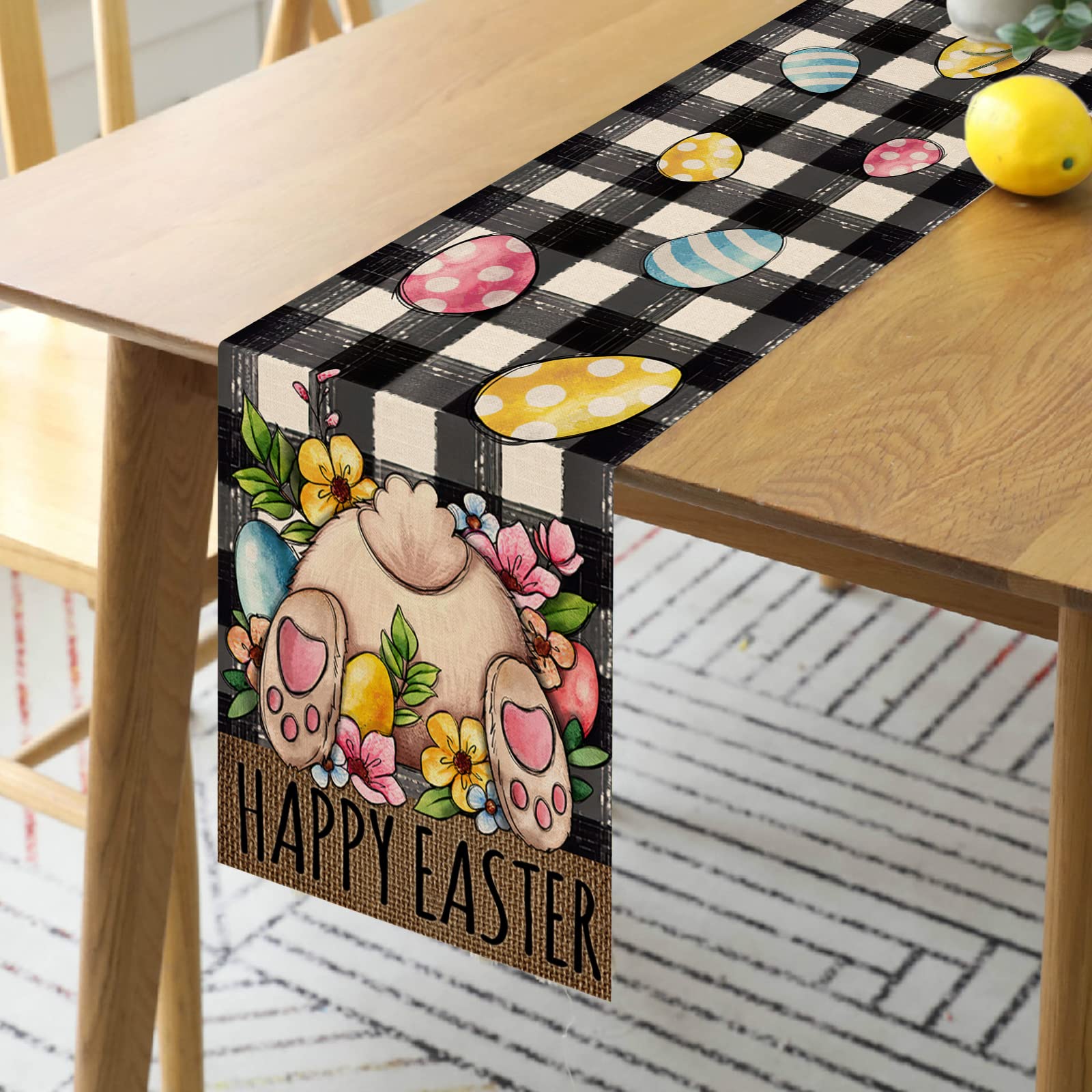 Seliem Happy Easter Bunny Rabbit Table Runner, Eggs Black Buffalo Plaid Check Kitchen Dining Table Decor, Flowers Spring Burlap Home Decoration Indoor Outdoor Holiday Party Supply 13 x 72 Inches