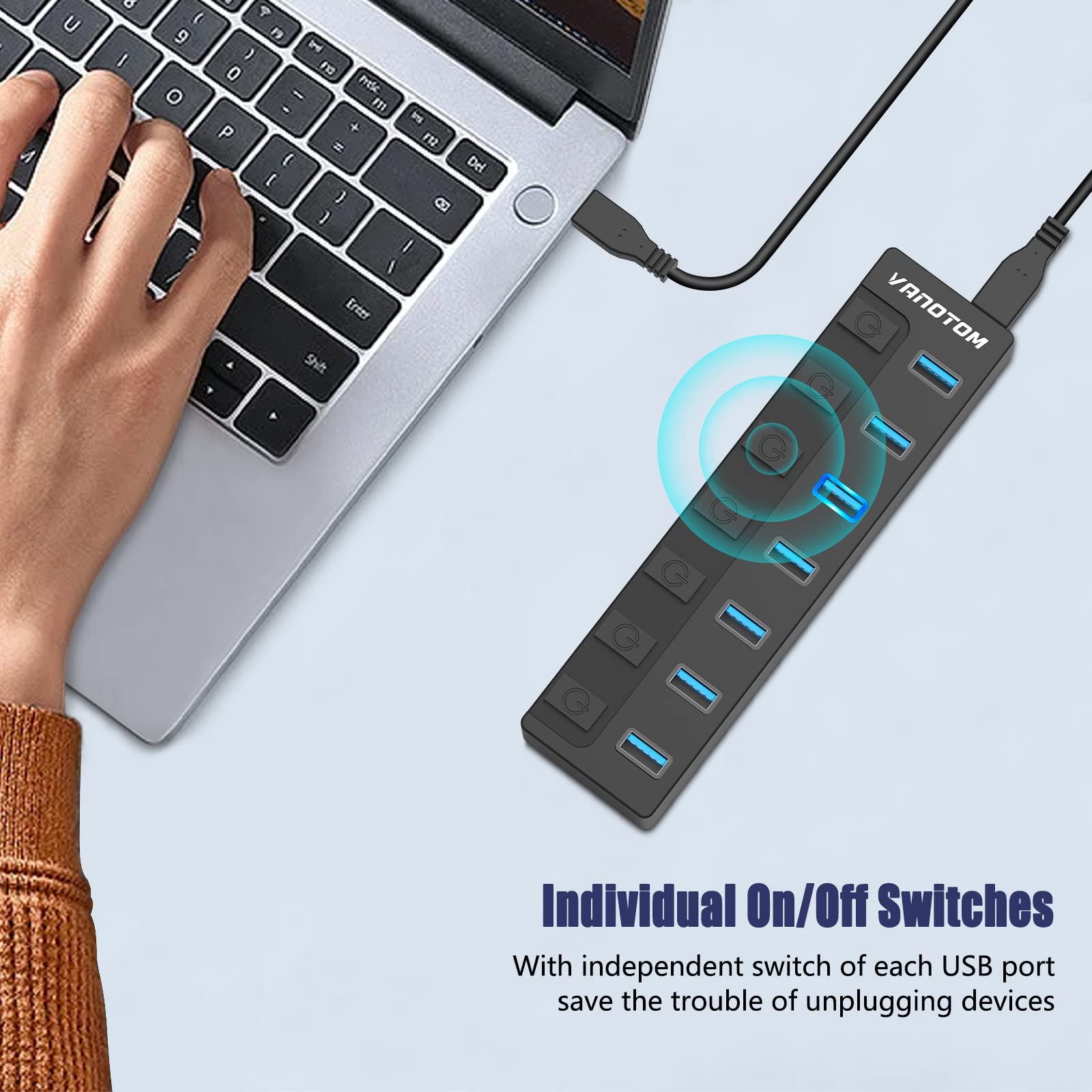 Powered USB 3.1/3.2 Hub, VANOTOM 7-Port Charging USB 3.1/3.2 Gen 2 Hub, Superspeed USB Splitter up to 10Gbps with Power Adapter and Individual On/Off Switches for PC and Laptop