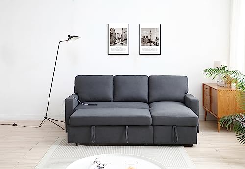 uhome Upholstered Sleeper Sofa with USB Ports sectional Couch Reversible Sofabed, Full XL, Black