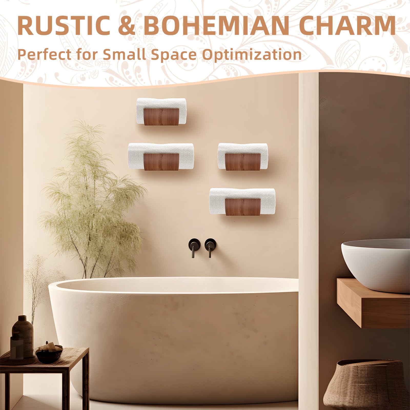 Towel Racks for Bathroom Set of 4 Wall Towel Racks, Versatile Hanging Towel Organizer,Wood Towel Holder for Rolled Towels, Spa, Blanket, Yoga Mat – Easy Installation, Eco-Friendly