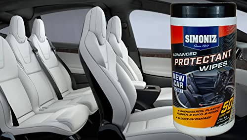 Simoniz New Car Scent Advanced UV Protectant Wipes Wipes – Interior Protectant or Most Surfaces - Plastic, Rubber, Vinyl Dashboards, Seats, Doors & Tires -Great for Cars, Trucks, SUVs, Boats 50 Count
