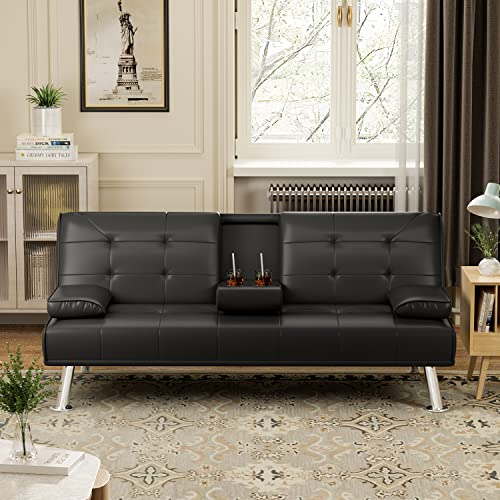 YESHOMY Convertible Folding Futon Sofa Bed Sleeper Couch for Living Room Faux Leather Upholstered Loveseat w/Removable Armrests, Metal Legs, 2 Cup Holders, Dark Black