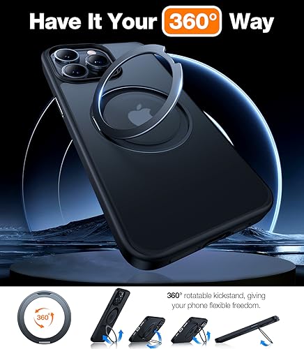 TORRAS 360° Rotatable Magnetic Ring for iPhone 14 Pro Case with Stand [Military-Grade Protection] [Compatatible with MagSafe] Slim Translucent Shockproof Phone Case iPhone 14 Pro, Matte Black