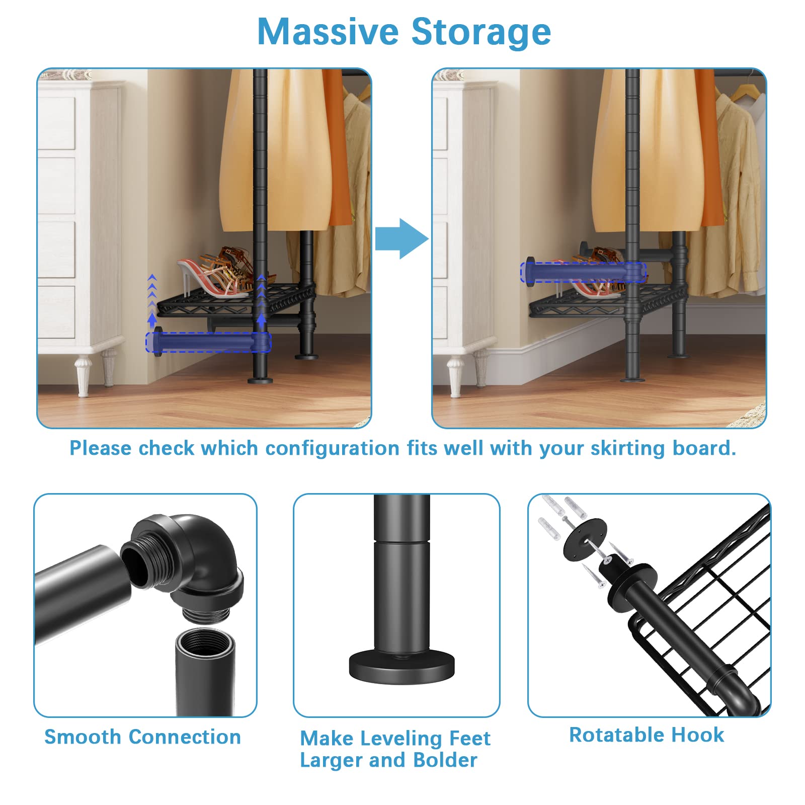 Timate L4 L Shape Garment Rack Heavy Duty Clothes Rack for Hanging Clothes, Expandable Industrial Pipe Clothing Rack, Wall Mounted Closet Organizer Large Wardrobe Closet Kit Corner Closet System Black