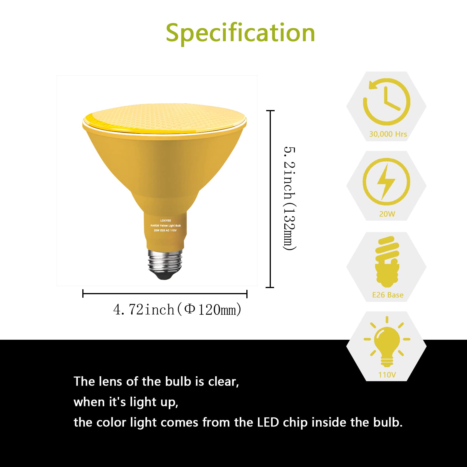 LOXYEE 2 Pack LED Par38 Flood Yellow Light Bulbs,20 Watt Yellow Light Bulb Replace to 200 Watt,E26 Base Yellow LED Lights Bulb for Halloween Light Bulbs, Party Decoration,Outdoor Holiday Lighting