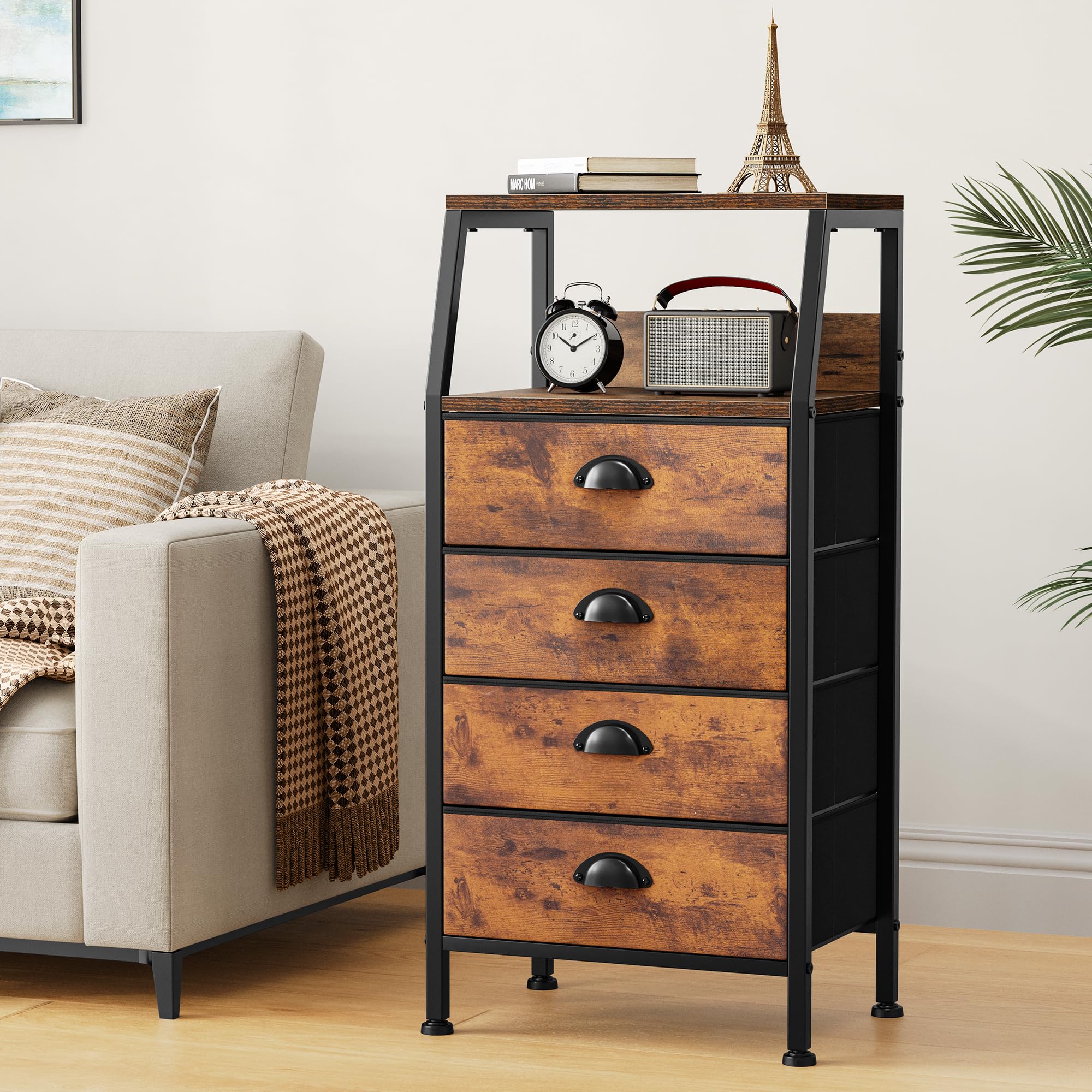 YITAHOME Nightstand Dresser with 4 Drawers, Shelf with Drawers for Bedroom, Hallway, Entryway, Closets, with Sturdy Steel Frame, Wood Top, Easy Pull Handles, Rustic Brown Wood Grain Print