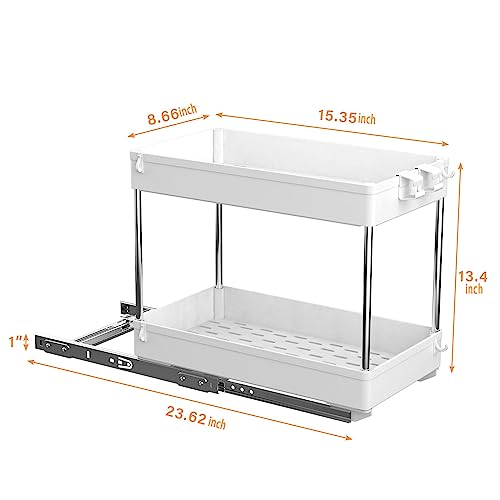 SZIPJAMP White Under Sink Organiser Houseware Cabinet Basket Organizer Simple Storage Shelf with Sliding Rail White Standing Rack for Kitchen Bathroom