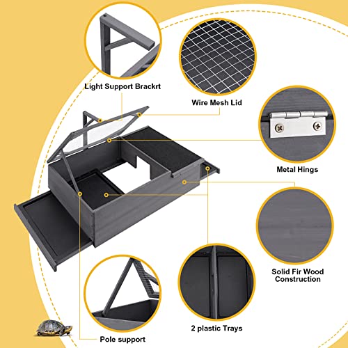 Tortoise House Large Tortoise Habitat Cage, Upgraded Wooden Tortoise Large Box Turtle Habitat Enclosure with Light Support Frame,Trays, Weatherproof Roof, Reptile Cage House for Lizards, Geckos