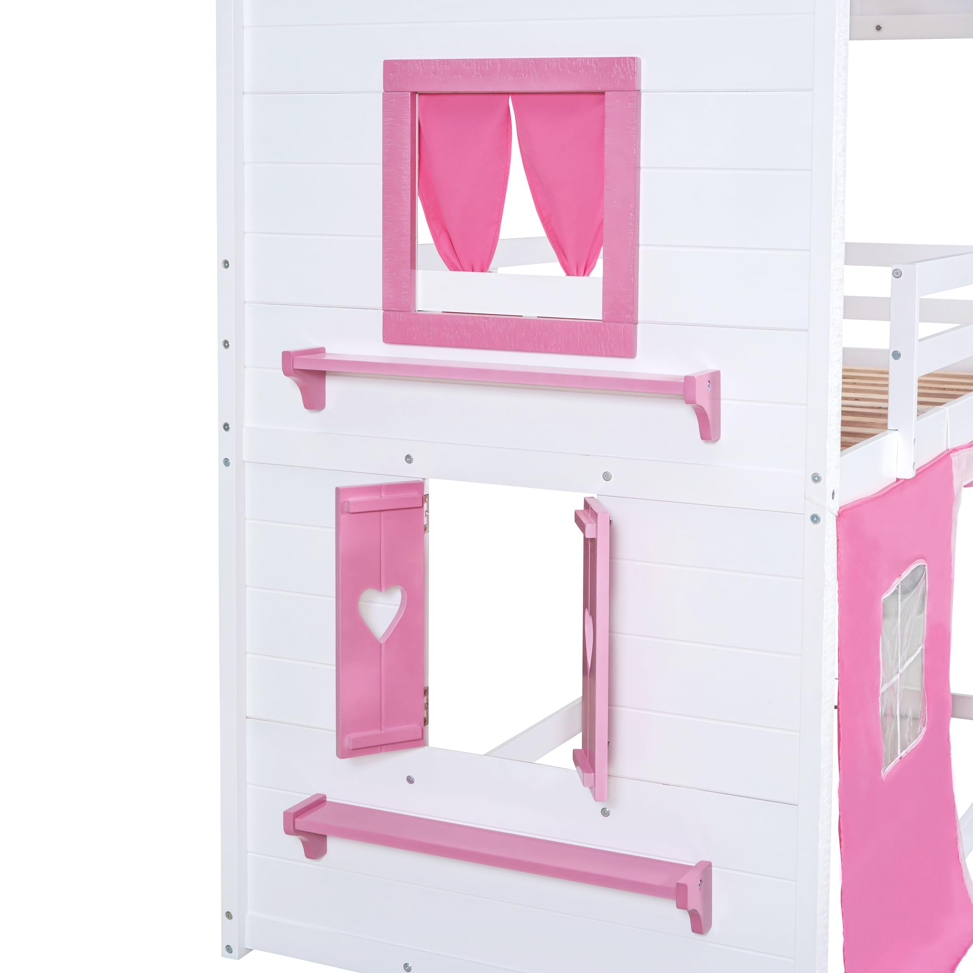 SOFTSEA Full Over Full Bunk Bed Frame, Floor Low Bunk Bed with Tent and Windows Sills, Wood Bunk Bed Frame with Slide Ladder and Guardrails, Full Size House Shaped Bunk Bed for Kids, Pink
