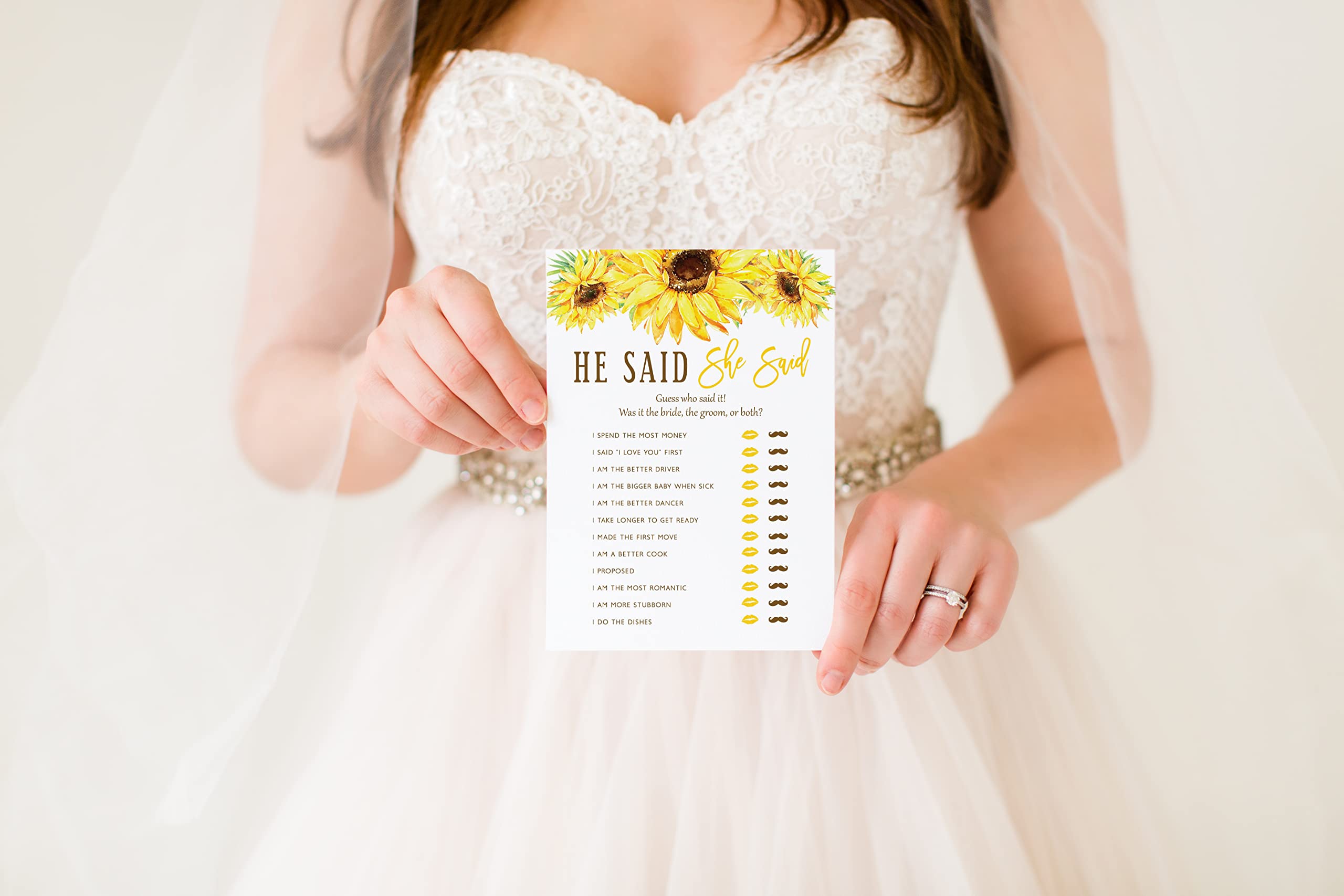 Your Main Event Prints Sunflower Bridal Shower Bachelorette Games - He Said She Said, Find The Guest Quest, Would She Rather, Phone Game - 25 Games Each, Printed Front and Back, 1 Game Per Side