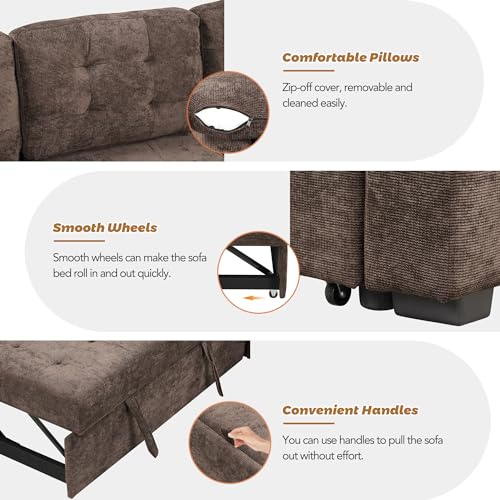 WOODRK 82.6" L-Shaped Sleeper Sofa Bed with Pull-Out Beds, Modern Convertible Couch with Wheels, USB Charging Ports, Power Sockets and 3 Pillows, for Living Room, Office, Brown