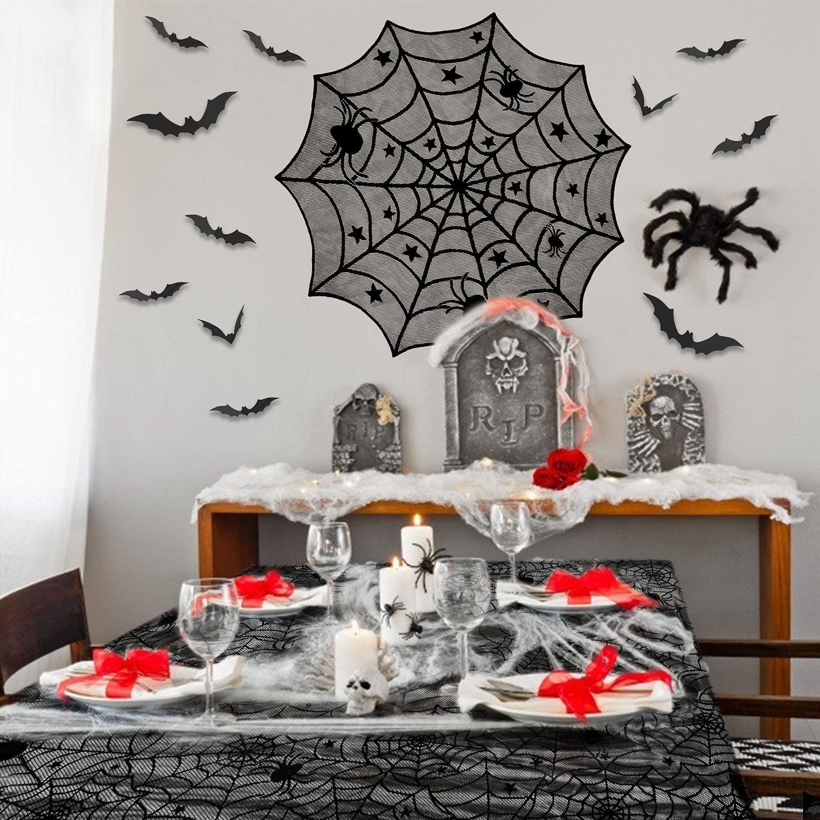 Korlon Halloween Tablecloth, 2 Pcs Halloween Decorations Indoor Spider Web Table Cloth, 54βx 72β Rectangular & 42β Round Black Lace Tablecloth Cover for Halloween Home Party Kitchen Table Decor