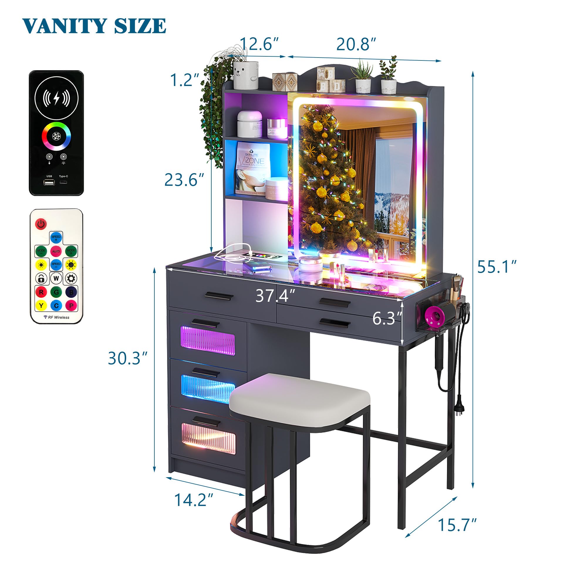 WOOVIVS RGB Vanity Desk with Sliding Mirror and Lights, LED Makeup Vanity with Charging Station/Motion Sensor Light, Glass Top Vanities Dressing Table Set with Jewelry Box,6 Drawers,Stool (White)