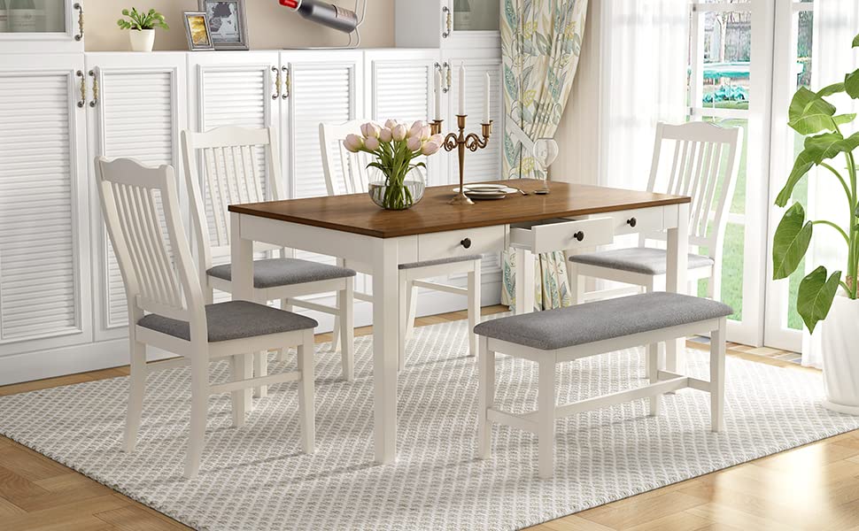 SIYSNKSI Mid-Century 6-Piece Dining Table Set with 4 Upholstered Dining Chairs and Bench, Wood Rectangular Dining Table with Drawer for Kitchen Living Room, Dining Table Set for 6 (Butter Milk+Grey)