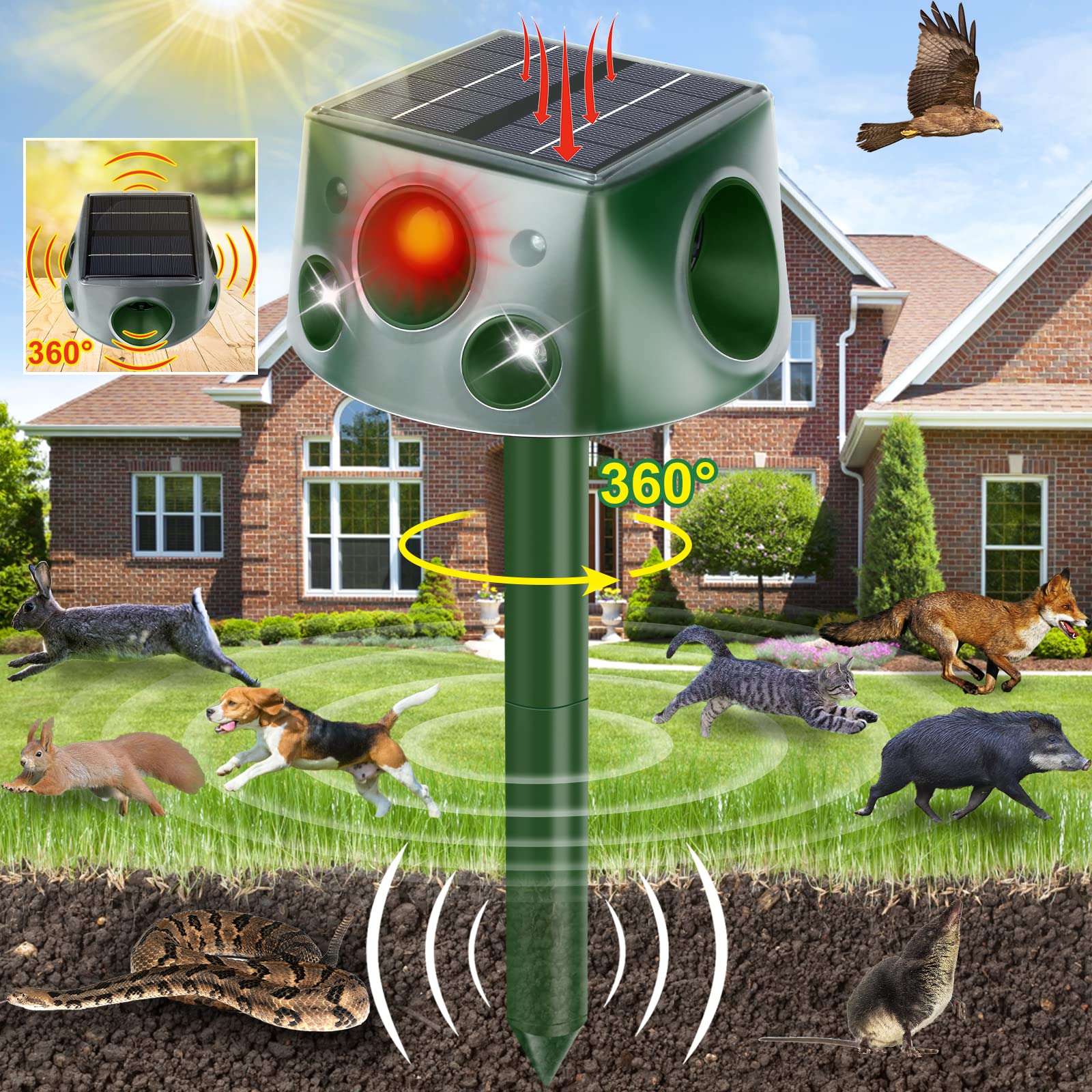 Solar Ultrasonic Animal Repeller, 2024 New 4 Sided 360° Cat Repellent Outdoor with 7 Modes Adjustable, IP66 Waterproof, Double-Sided Flashing Light & Ultrasonic Speaker for Cat Squirrel Bird Dog Deer