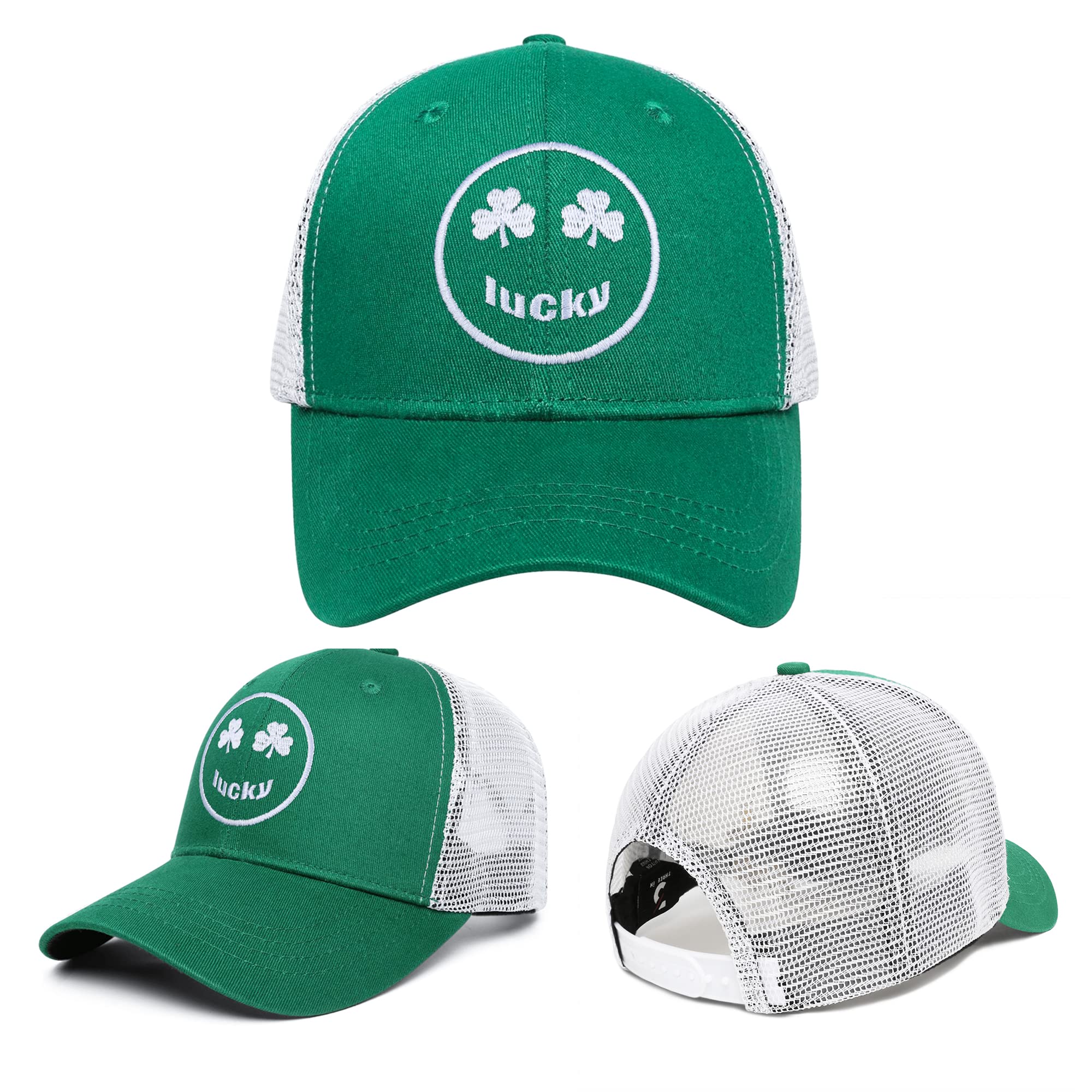 Lucky St Patricks Day Hat for Men Women White Green Shamrock Baseball Cap Adjustable Four-Leaf Clover Dad Hat