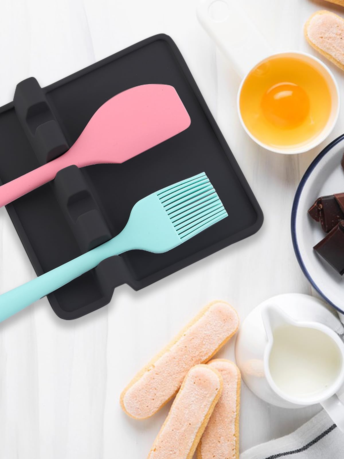 Silicone Spoon Rest with Drip Pad for Stove Top(2PCS), Large Utensil Rest for Multiple Utensils, Heat-Resistant & Dishwasher Safe Kitchen Utensil Holder for Spatula, Ladle, Kitchen Gadgets (Black)
