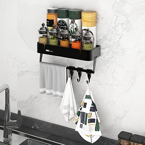 RCHYFEED 11.7”Shower Caddy with Towel Bar, Shower Organizer Adhesive,Metal Rustproof Bathroom Shower Shelf Rack with Hook, Drilling-Free Self Adhesive Storage Shelf for Bathroom & Kitchen(Black)