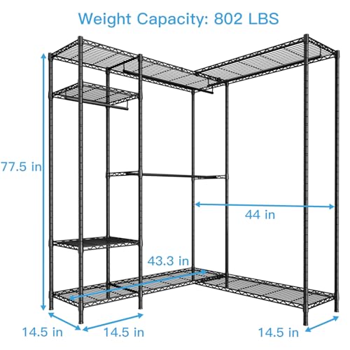 Ulif L2 Heavy Duty L-Shaped Garment Rack, 5-Tier Freestanding Clothes Rack with Shelves, Closet Organizer Storage System for Corner and Small Bedroom, 44"W x 43.3"L x 77.6"H, Max Load 802 LBS, Black